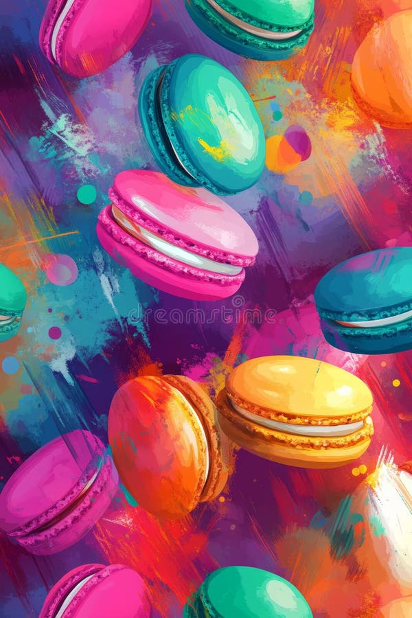 Colorful Macaron Pattern with Vibrant Background and Splashes Stock ...