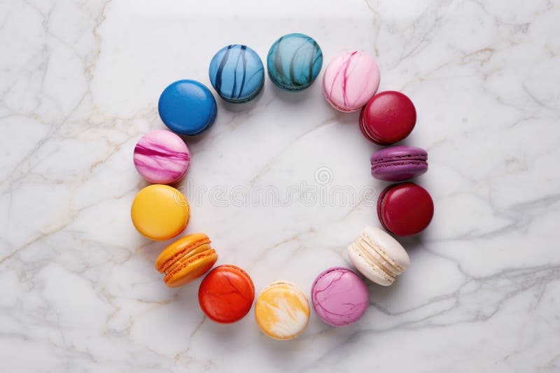 Colorful Macarons Arranged in a Circle on a White Marble Table Stock ...