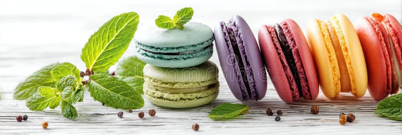 Colorful Macarons Arranged Elegantly with Fresh Mint Leaves on a White ...