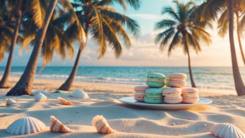 Delicious Macarons on Tropical Beach at Sunset Stock Illustration ...