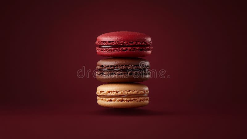Colorful Macarons Arranged in a Vertical Stack on a Deep Red Background ...