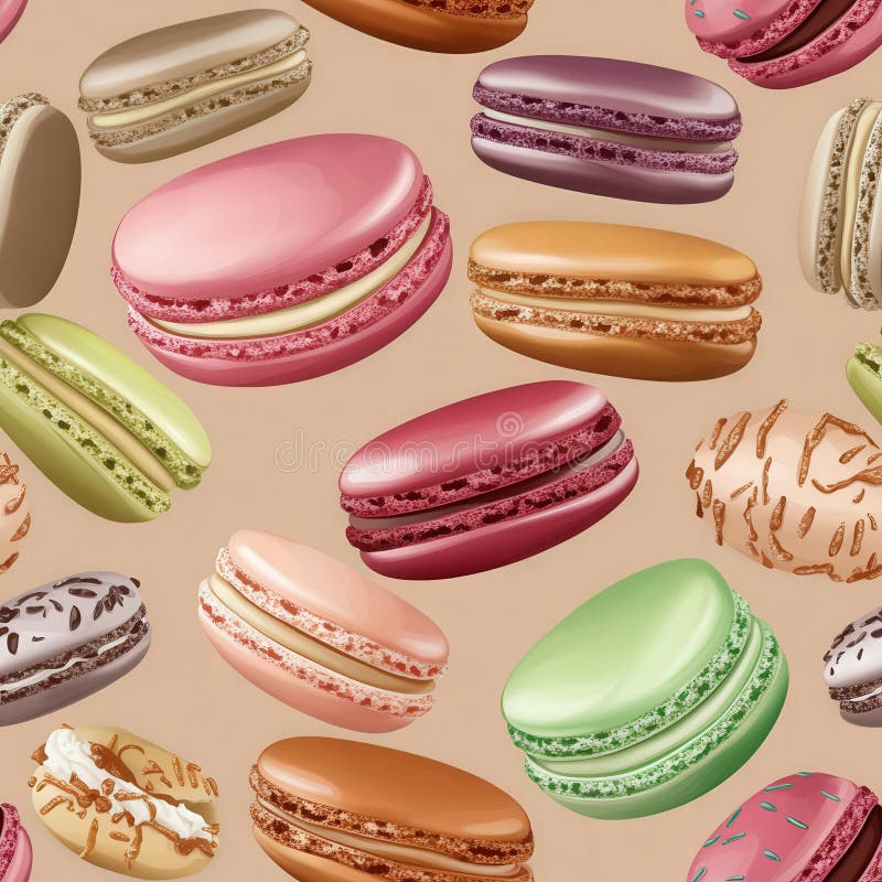 Colorful Macarons on Beige Background in Seamless Pattern Stock Photo ...