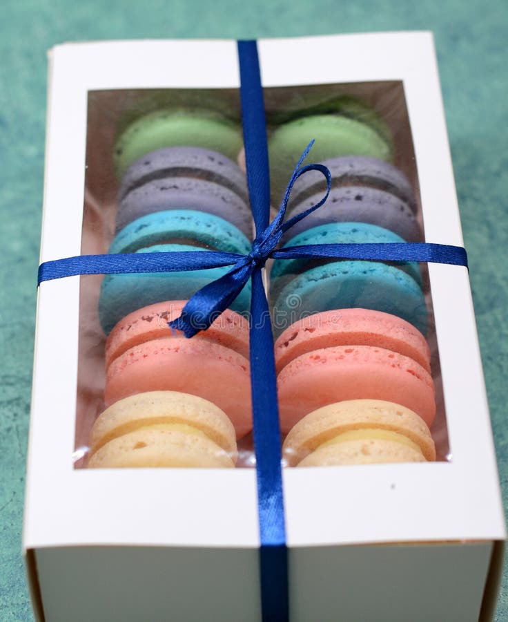 Colorful Macarons in a Box with Blue Ribbon Stock Image - Image of ...