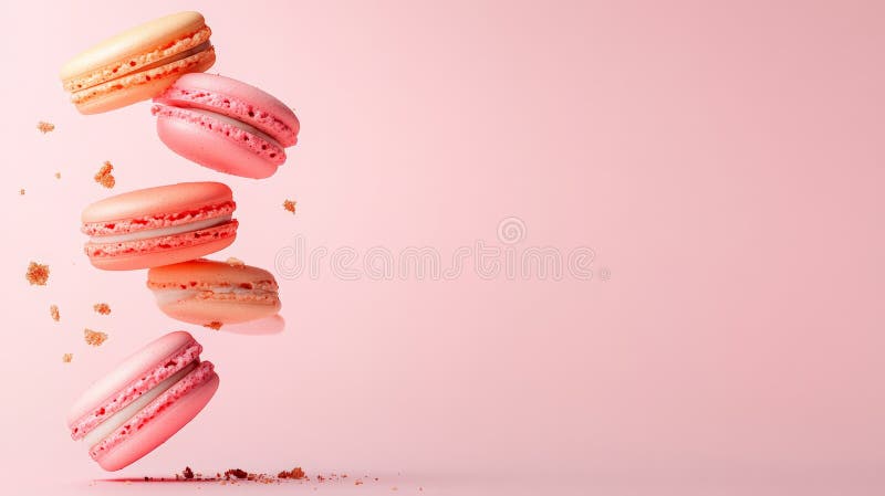 Colorful Macarons Falling on Pink Background with Crumbs Stock Photo ...