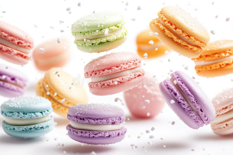 Colorful Macarons Falling on White Background with Sugar Granules Stock ...