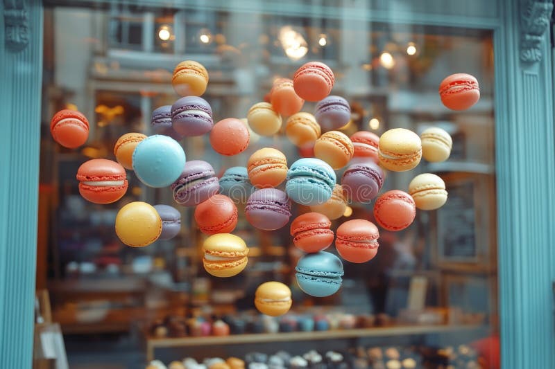 Colorful Macarons Floating in Front of a Pastry Shop Window, Creating a ...