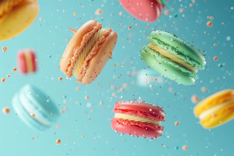 Colorful Macarons Flying through the Air. Perfect for Bakery Ads Stock ...