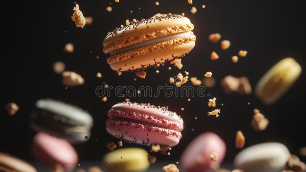 Colorful Macarons in Motion Against Dark Background Stock Illustration ...
