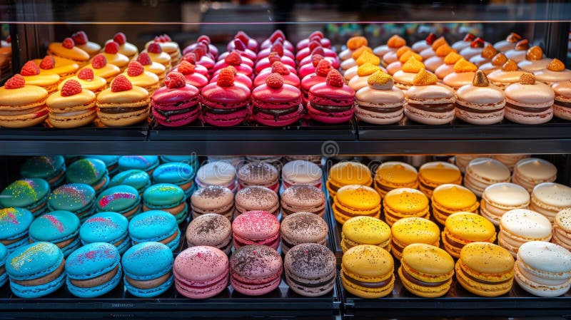 Colorful Macarons Neatly Arranged in a Display Case Against an ...