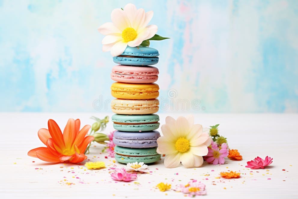 Colorful Macarons Stack with Flowers Stock Photo - Image of elegance ...