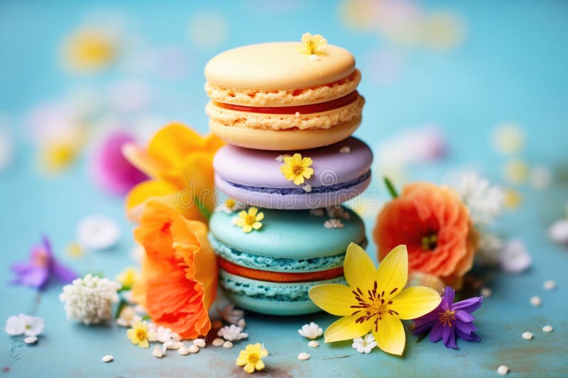 Colorful Macarons Stack with Flowers Stock Photo - Image of vibrant ...