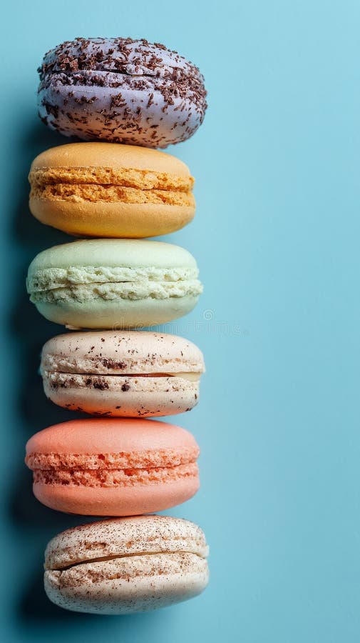Colorful Macarons Stacked Beautifully on a Light Blue Surface. Stock ...