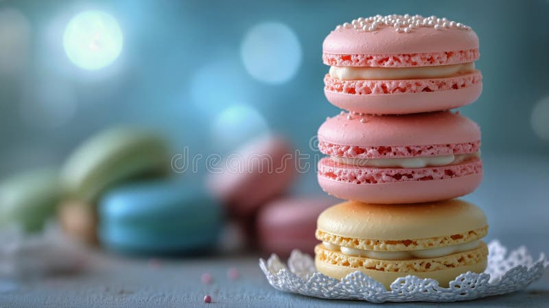 Colorful Macarons Stacked on Lace with Blurred Background Showcasing a ...
