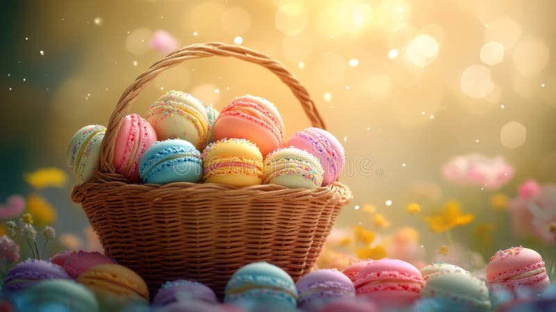 Colorful Macarons in a Woven Basket Springtime Treat Stock Illustration ...