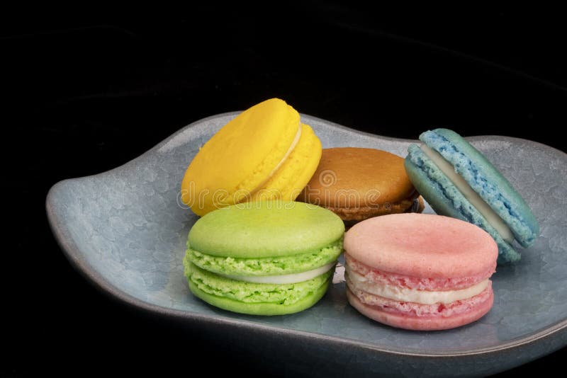Colorful Macaroons on Blue Ceramic Plate Stock Image - Image of bakery ...