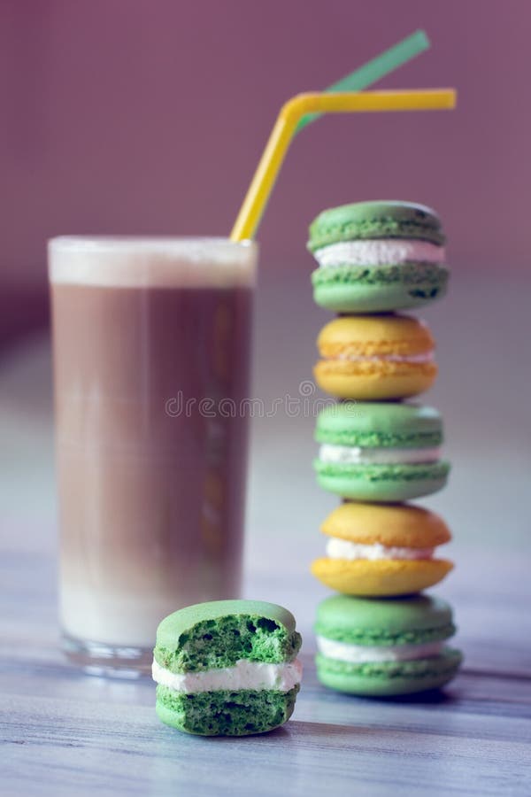 Colorful Macaroons with Latte Stock Photo - Image of green, macaron ...