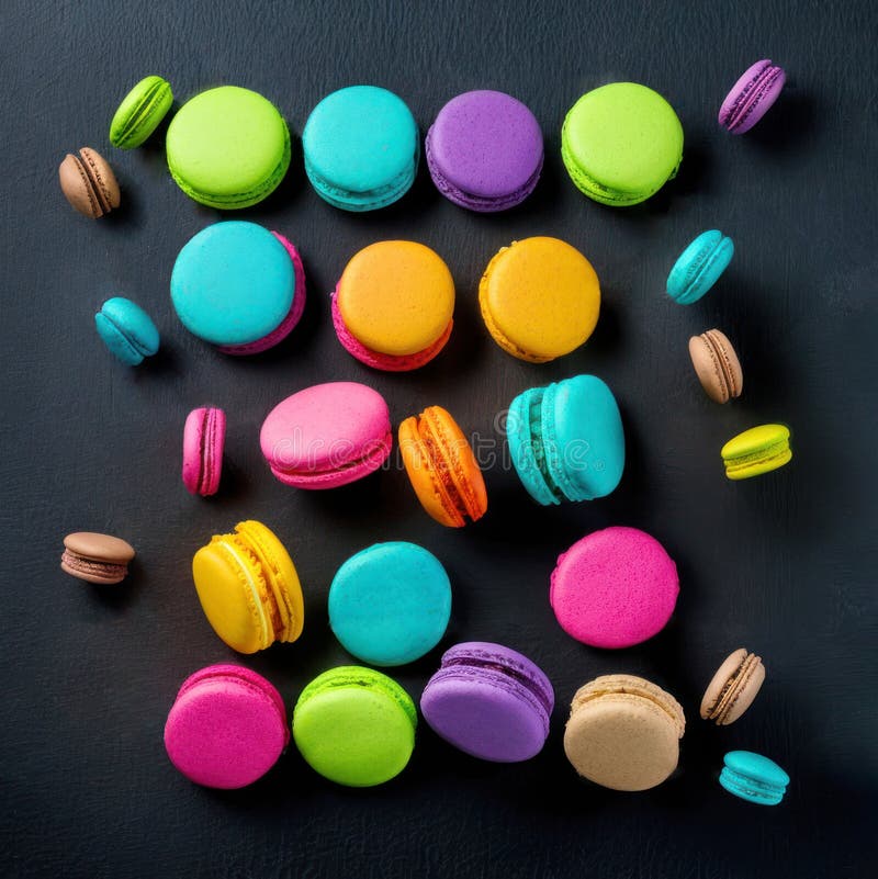 Colorful Macaroons Over Dark Background, Top View. Realistic Generative ...