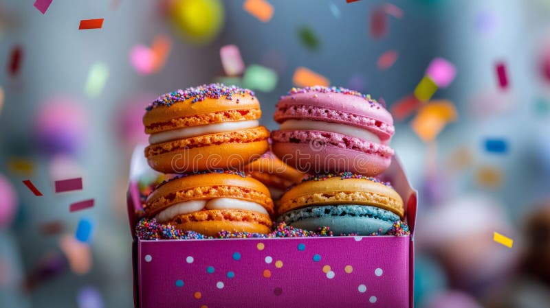 Colorful Macaroons in Pink Box with Confetti Stock Illustration ...