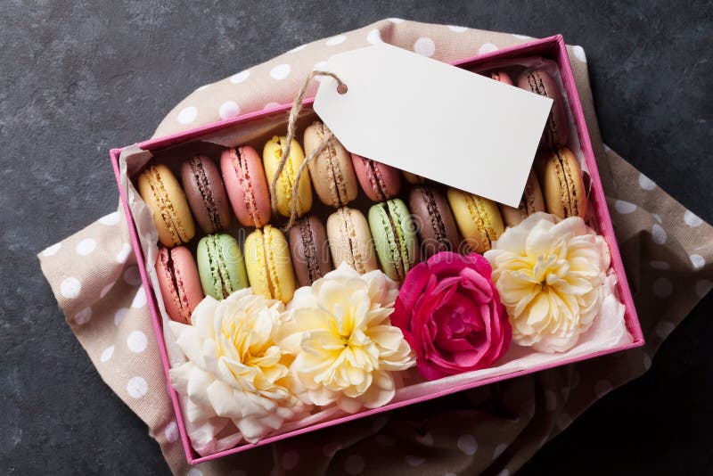 Colorful Macaroons in a Gift Box and Roses Stock Photo - Image of ...