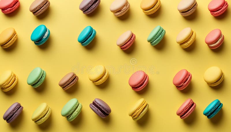 Colorful Macaroons on Yellow Background Arrange As a Line , Top View ...