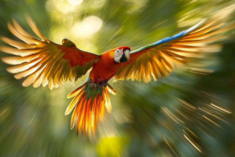 Colorful Macaw Parrot Flying in Jungle with Motion Blur Effect Stock ...