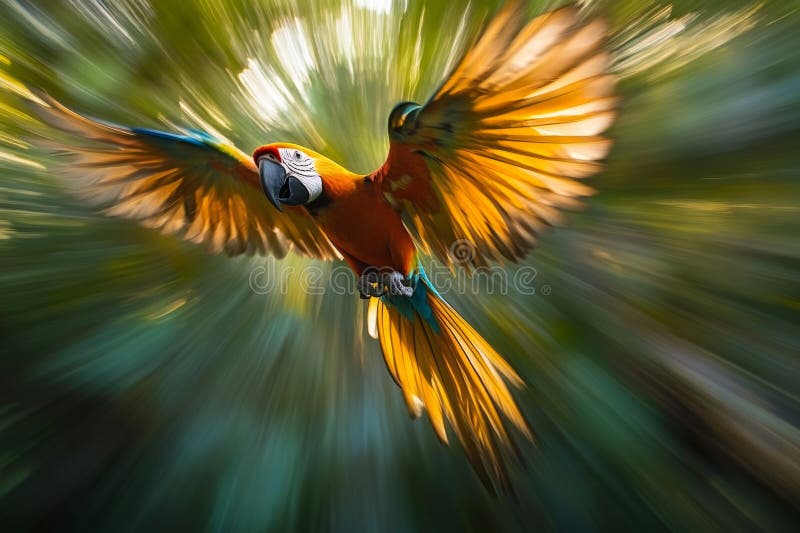Colorful Macaw Parrot Flying in Jungle with Motion Blur Effect Stock ...
