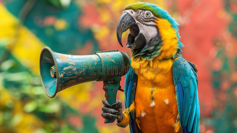 A Colorful Macaw Parrot Holds a Megaphone and Yells Loudly Stock ...