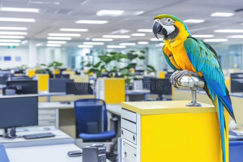 Colorful Macaw Parrot in Modern Office Workspace with Bright Yellow ...