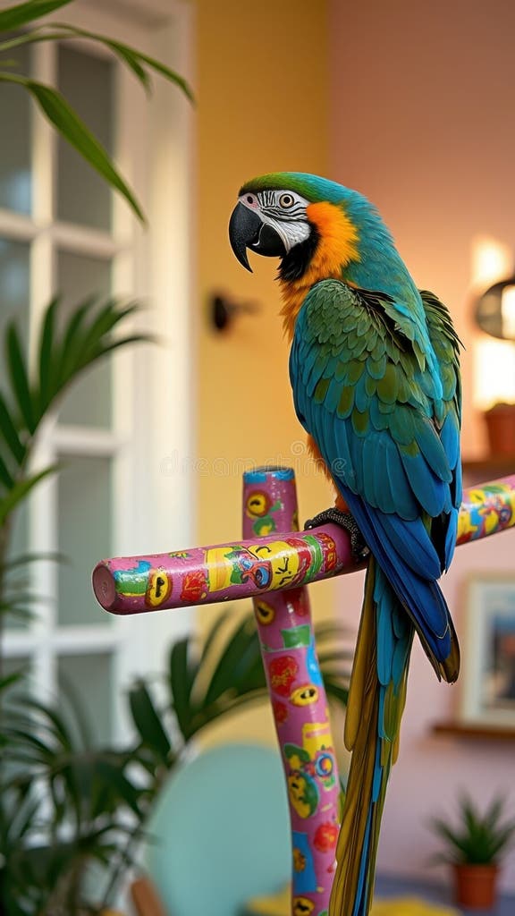 Colorful Macaw Parrot Perched Indoors Vibrant Setting Stock Photo ...