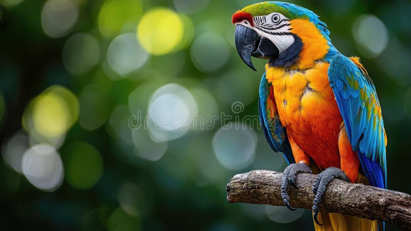 A Colorful Macaw Parrot Perches on a Branch with a Blurred Green ...