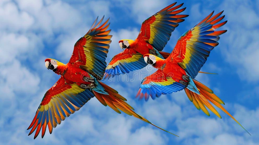 Colorful Macaw Parrots Flying in the Sky. Generative Ai Stock ...
