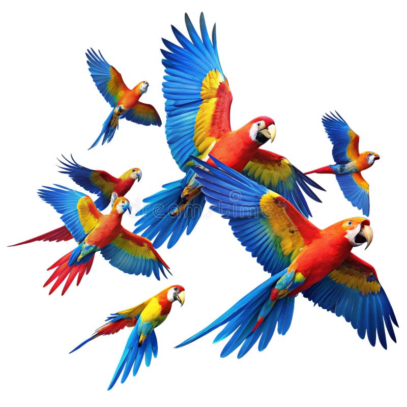 Colorful Macaws Flying in the Blue Sky White Background Stock ...