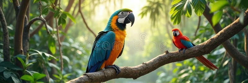 Colorful Macaws in Lush Tropical Jungle at Sunrise Stock Image - Image ...