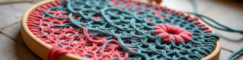 Colorful Macrame Hoop Art with Pink Flower on Wooden Frame Stock ...