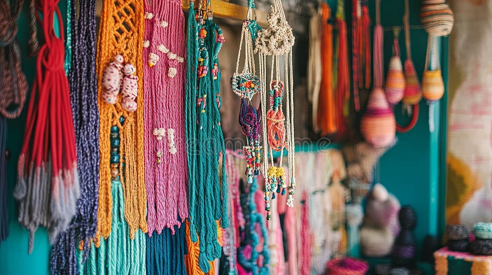 A Colorful Macrame-making Corner with Strings, Beads, and Hanging Stock ...