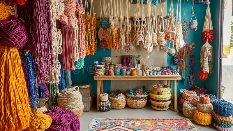 A Colorful Macrame-making Corner with Strings, Beads, and Hanging Stock ...