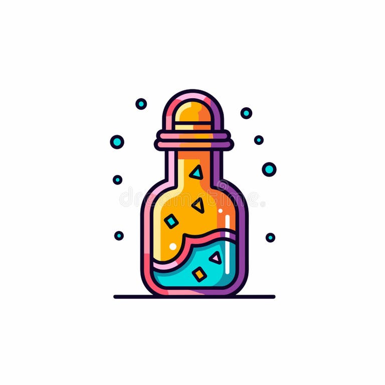 Colorful Magic Elixir Bottle with Floating Objects and Stars Cartoon ...