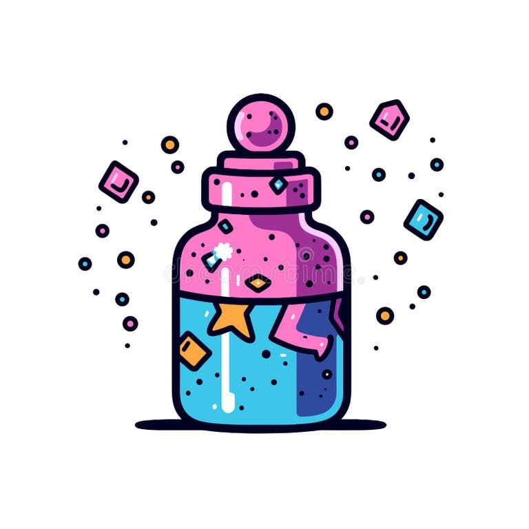 Colorful Magic Potion Bottle with Stars and Floating Objects ...