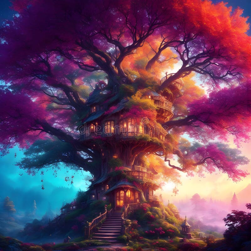 The Colorful Magical Huge Tree with a Kaleidoscope of Colors Bursting ...