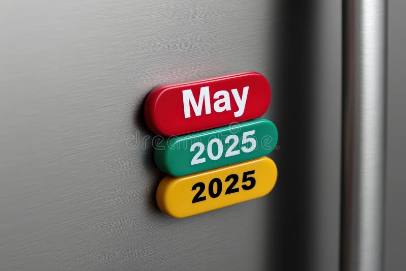 Colorful Magnets Display the Month of May and Year 2025 on a Kitchen ...