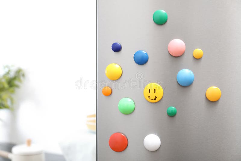 Colorful Magnets on Refrigerator Door in Kitchen Stock Image - Image of ...