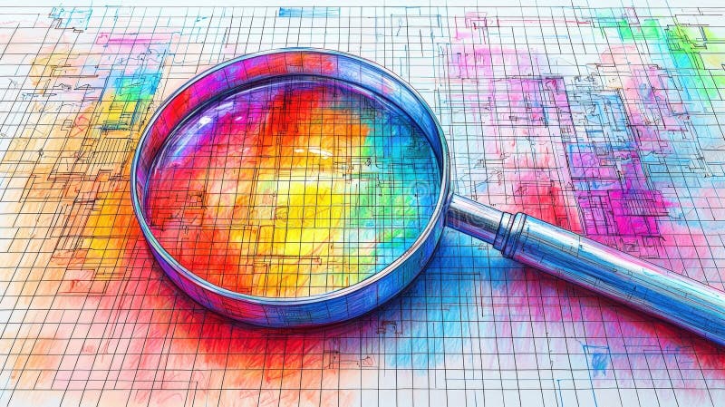 Colorful Magnifying Glass Over Abstract Background with Grid and Bright ...