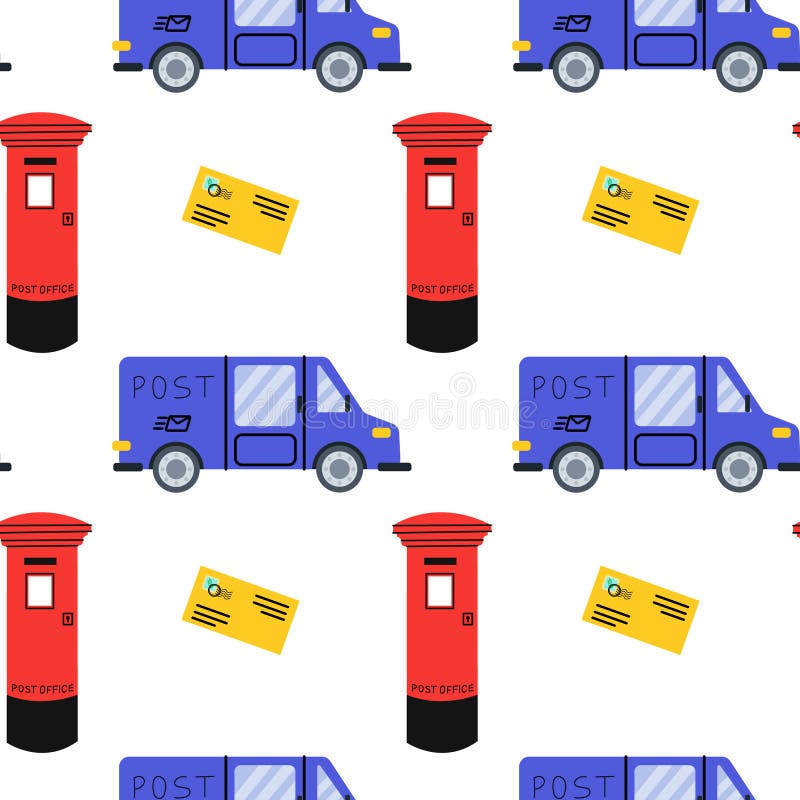 Colorful Mail Delivery Scene with Post Office Van and Red Mailboxes in ...