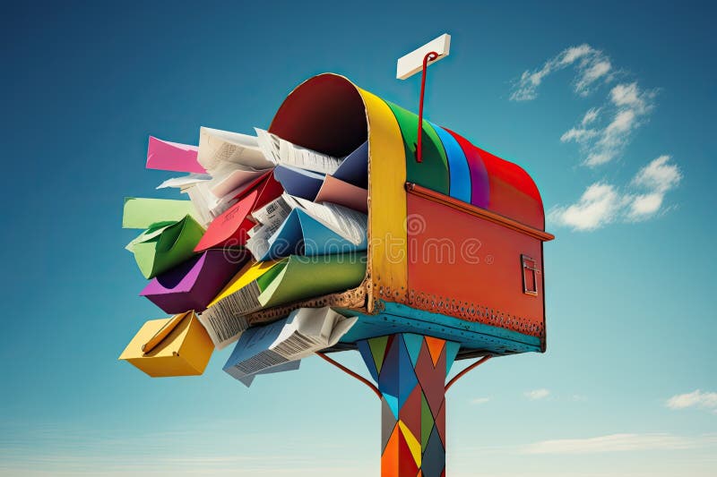 Colorful Mailbox with Stack of Letters Inside, Against Blue Sky Stock ...