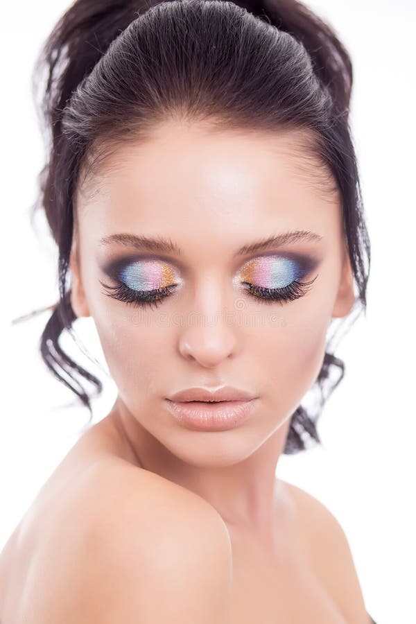 Colorful Make Up Woman Face Beautiful Brunette Summer Makeup Beauty