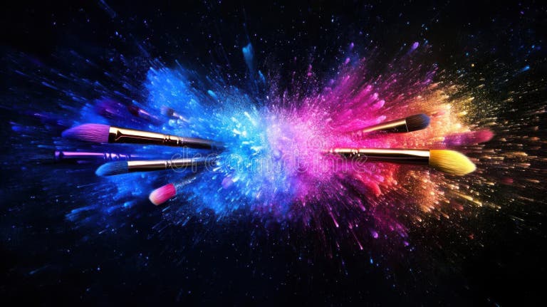 Colorful Makeup Brushes in Explosion of Powder Stock Illustration ...