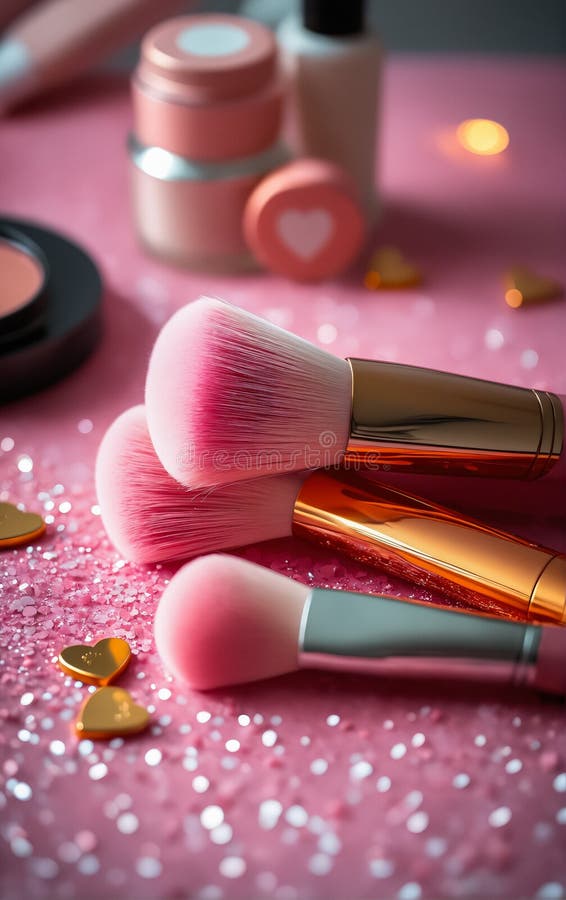 Colorful Makeup Brushes on Sparkling Pink Background. Stock Image ...