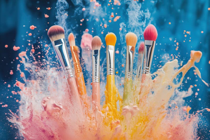Colorful Makeup Brushes Splashing in Vibrant Paint, Artistic Explosion ...