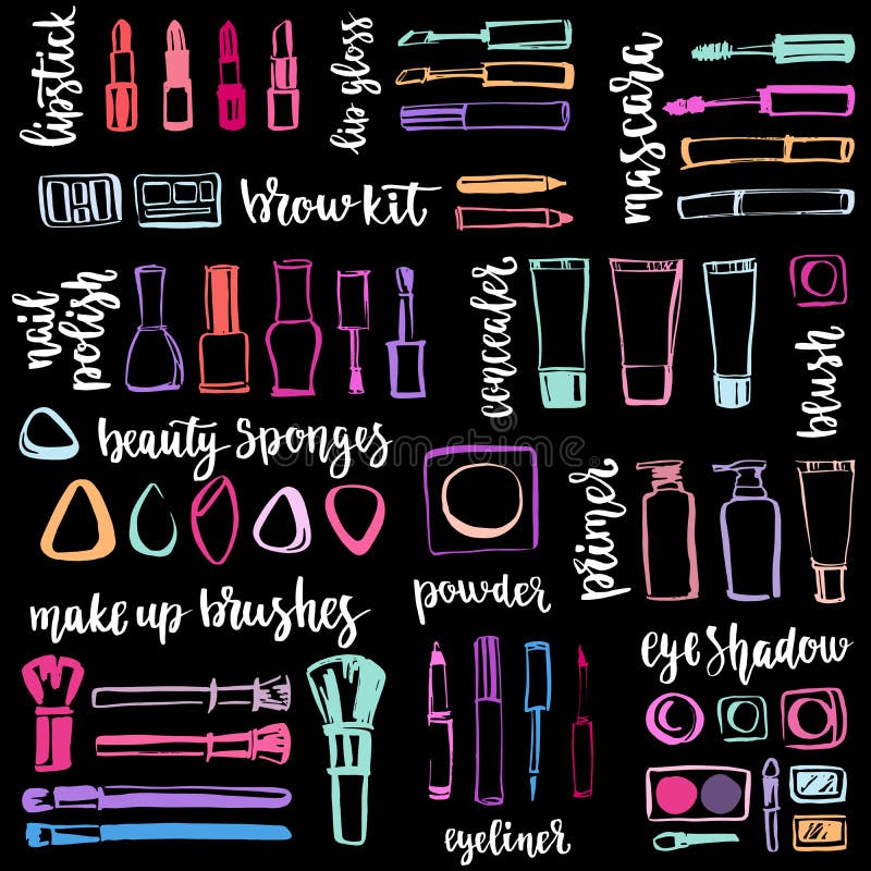 Colorful Makeup Cosmetic and Lettering Set. Stock Vector - Illustration ...