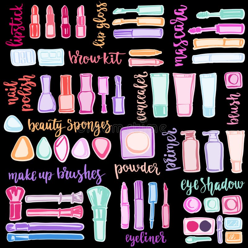 Colorful Makeup Cosmetic and Lettering Set. Stock Vector - Illustration ...
